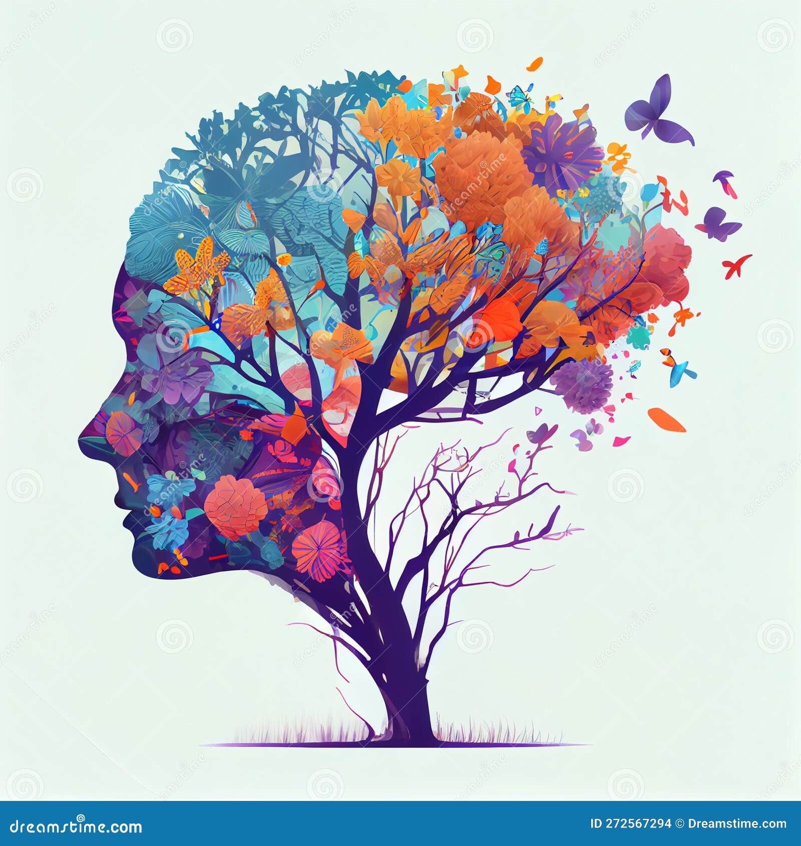 Human Brain Tree with Flowers and Butterflies, Concept of Self Care ...
