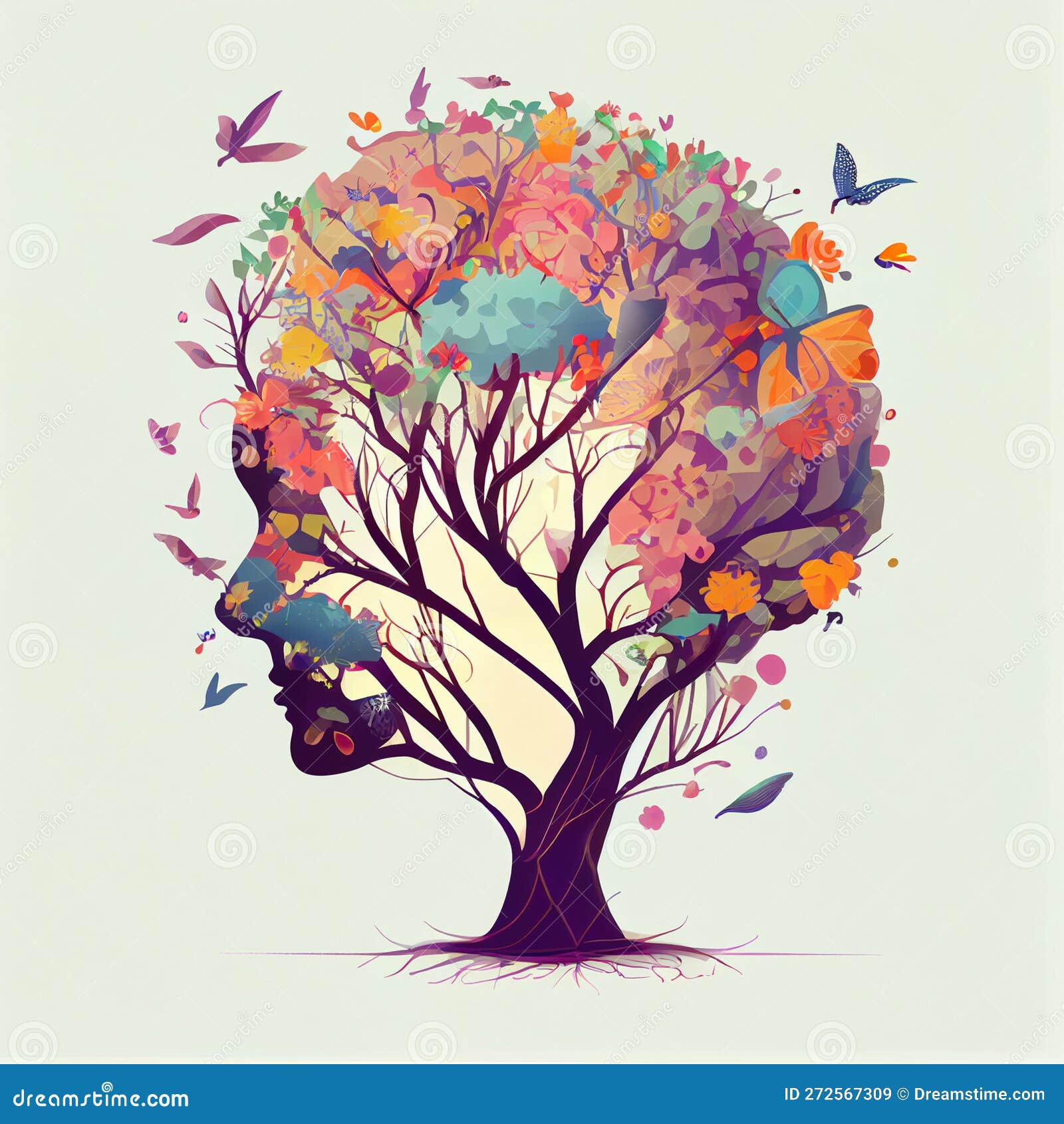 Human Brain Tree with Flowers and Butterflies, Concept of Self Care ...