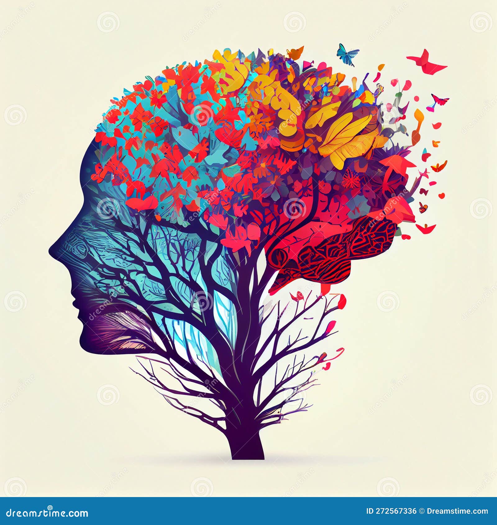 Human Brain Tree with Flowers and Butterflies, Concept of Self Care ...