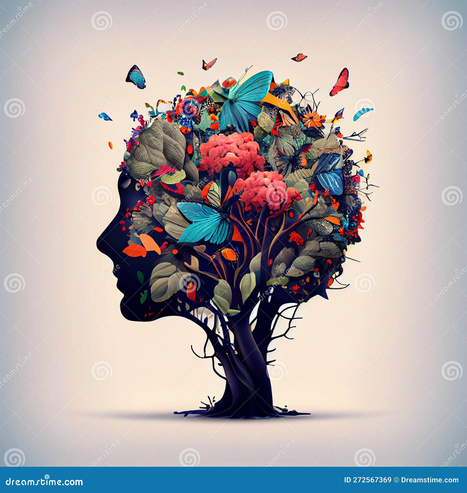 Human Brain Tree with Flowers and Butterflies, Concept of Self Care ...