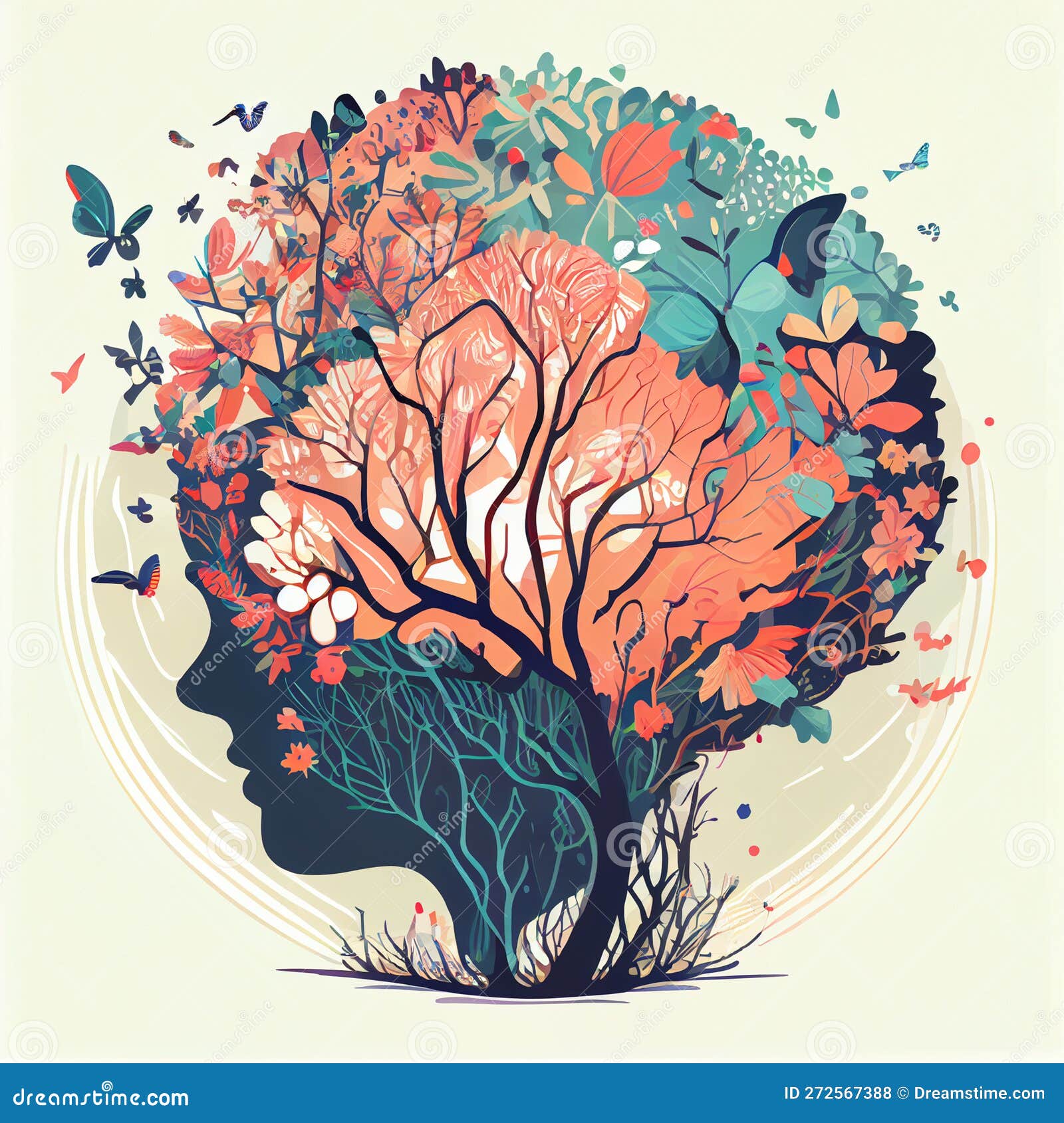 Human Brain Tree with Flowers and Butterflies, Concept of Self Care ...