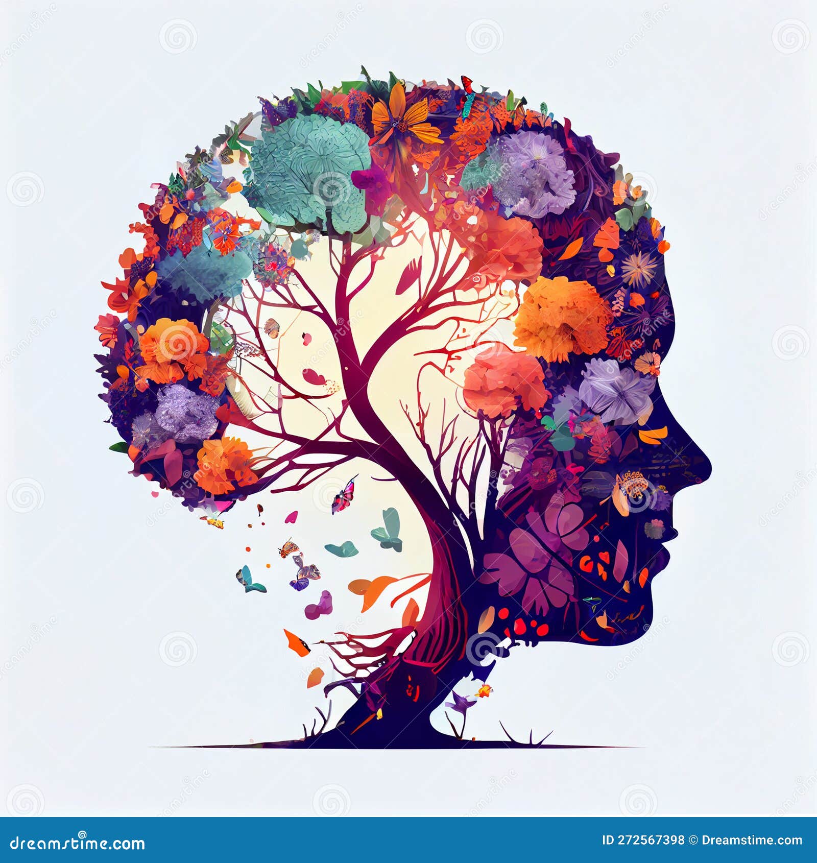 Human Brain Tree with Flowers and Butterflies, Concept of Self Care ...