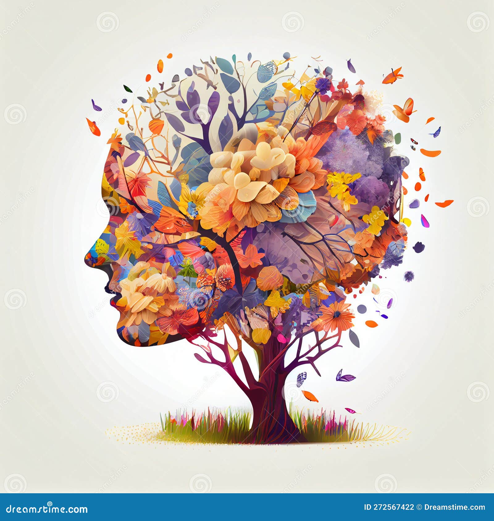 Human Brain Tree with Flowers and Butterflies, Concept of Self Care ...
