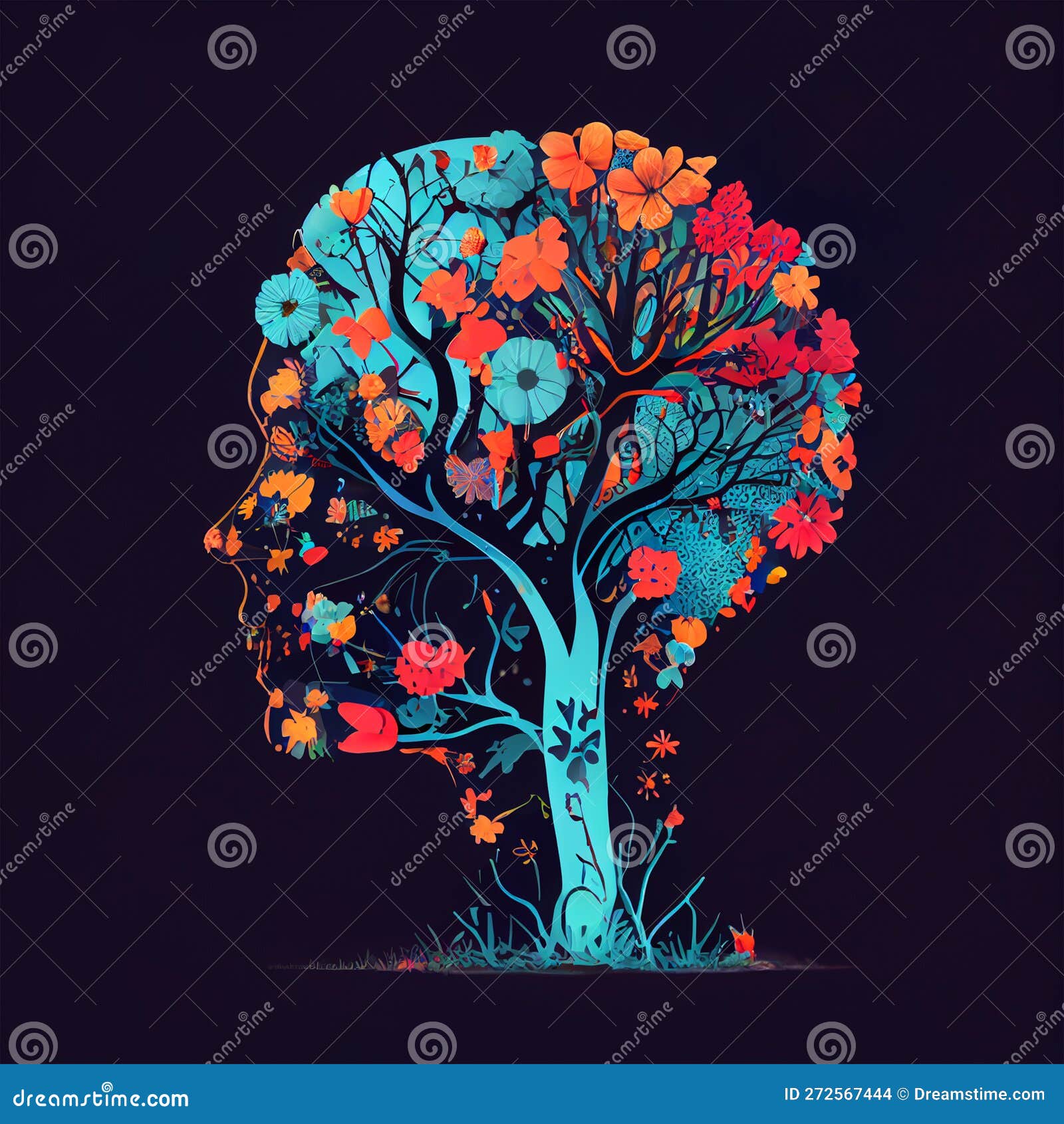 Human Brain Tree with Flowers and Butterflies, Concept of Self Care ...