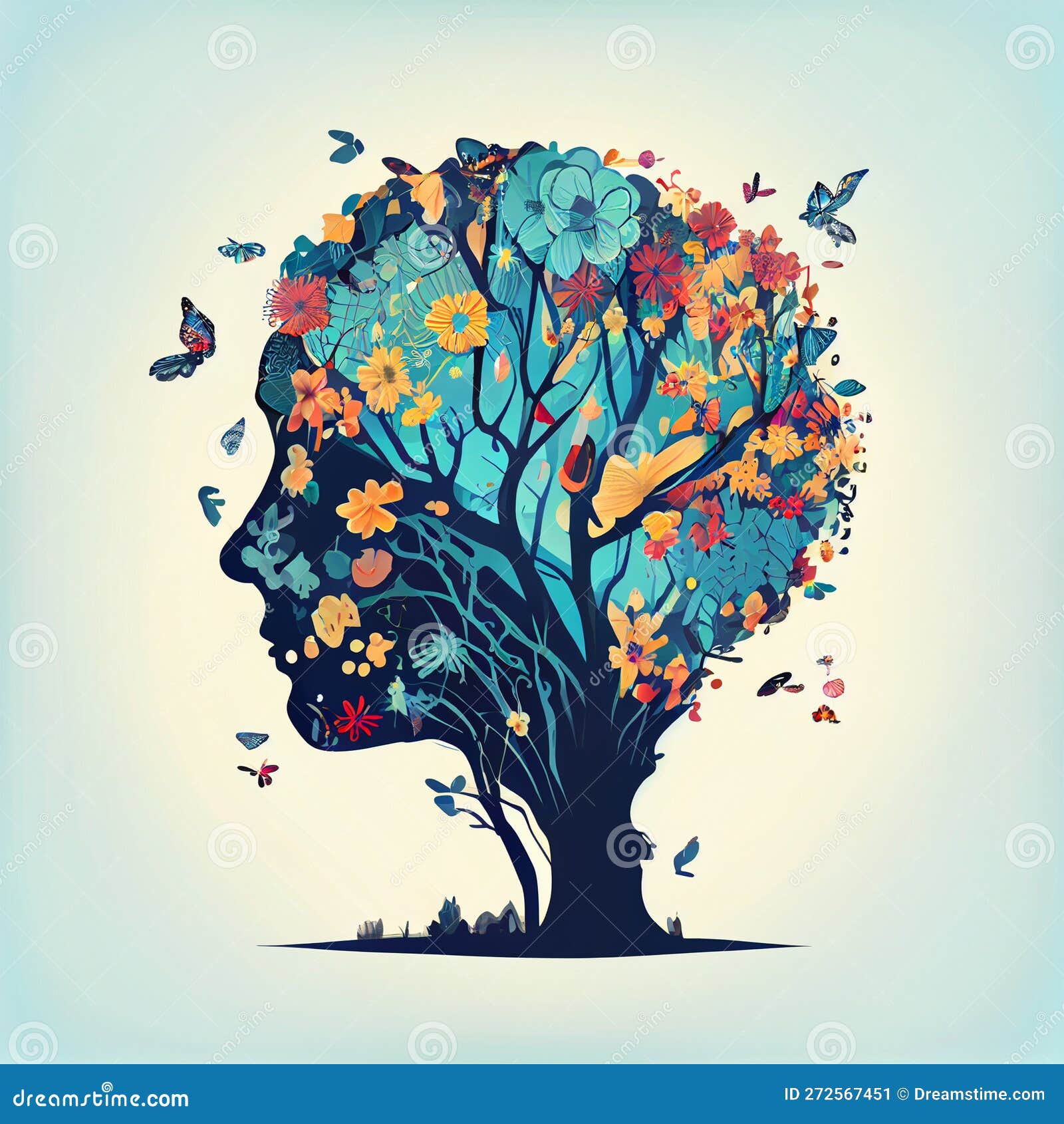 Human Brain Tree with Flowers and Butterflies, Concept of Self Care ...