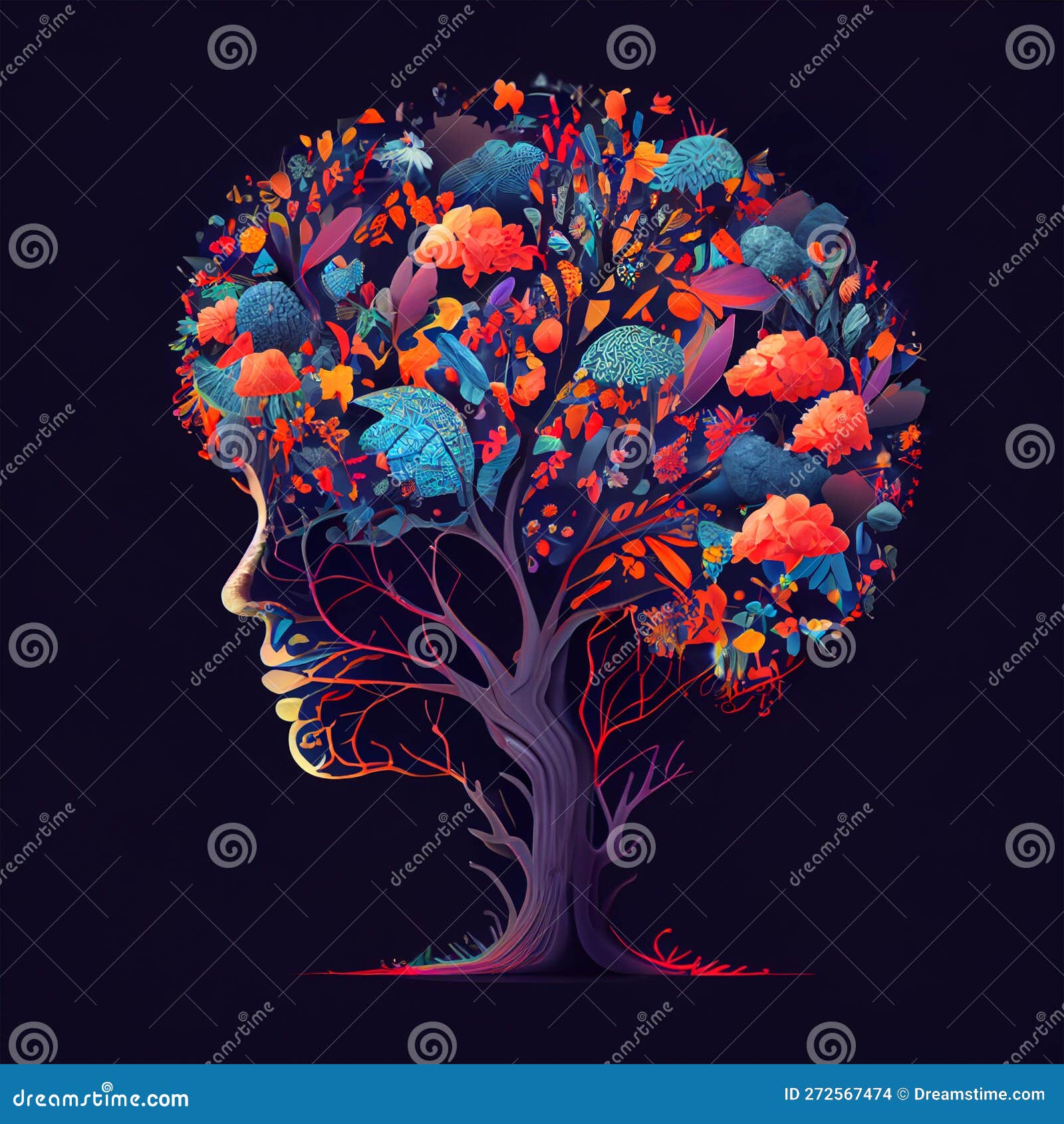 Human Brain Tree with Flowers and Butterflies, Concept of Self Care ...