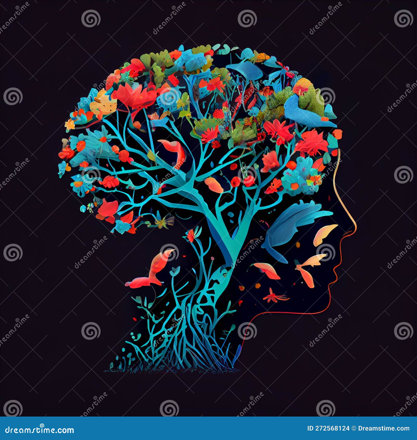 Human Brain Tree with Flowers and Butterflies, Concept of Self Care ...