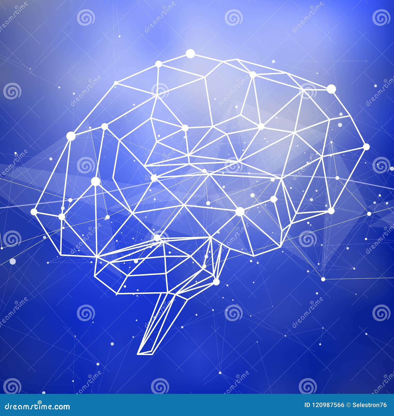 Human Brain of Triangles, Lines & Dots Located on a Blue Technological ...