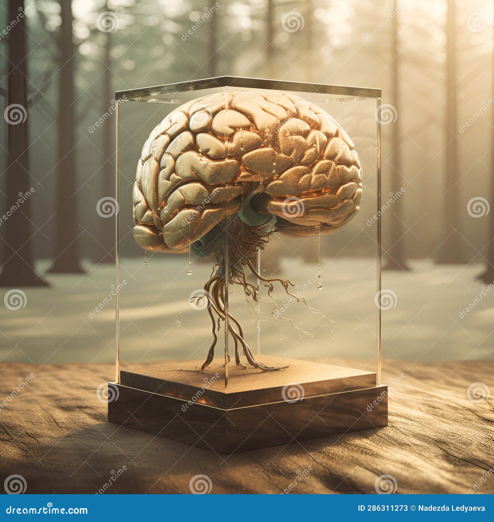 Human Brain Under Glass with Forest Background. Stock Image - Image of ...