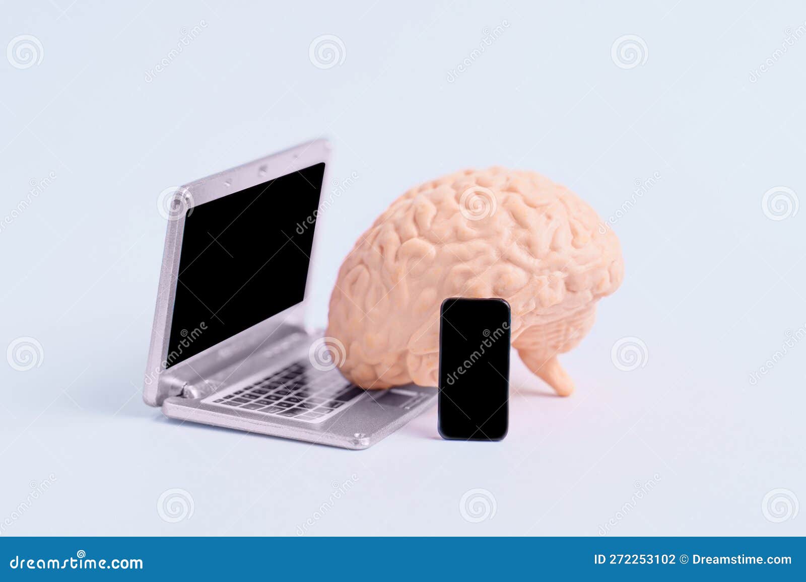 Human Brain Using Miniature Laptop and Smartphone Stock Photo - Image ...