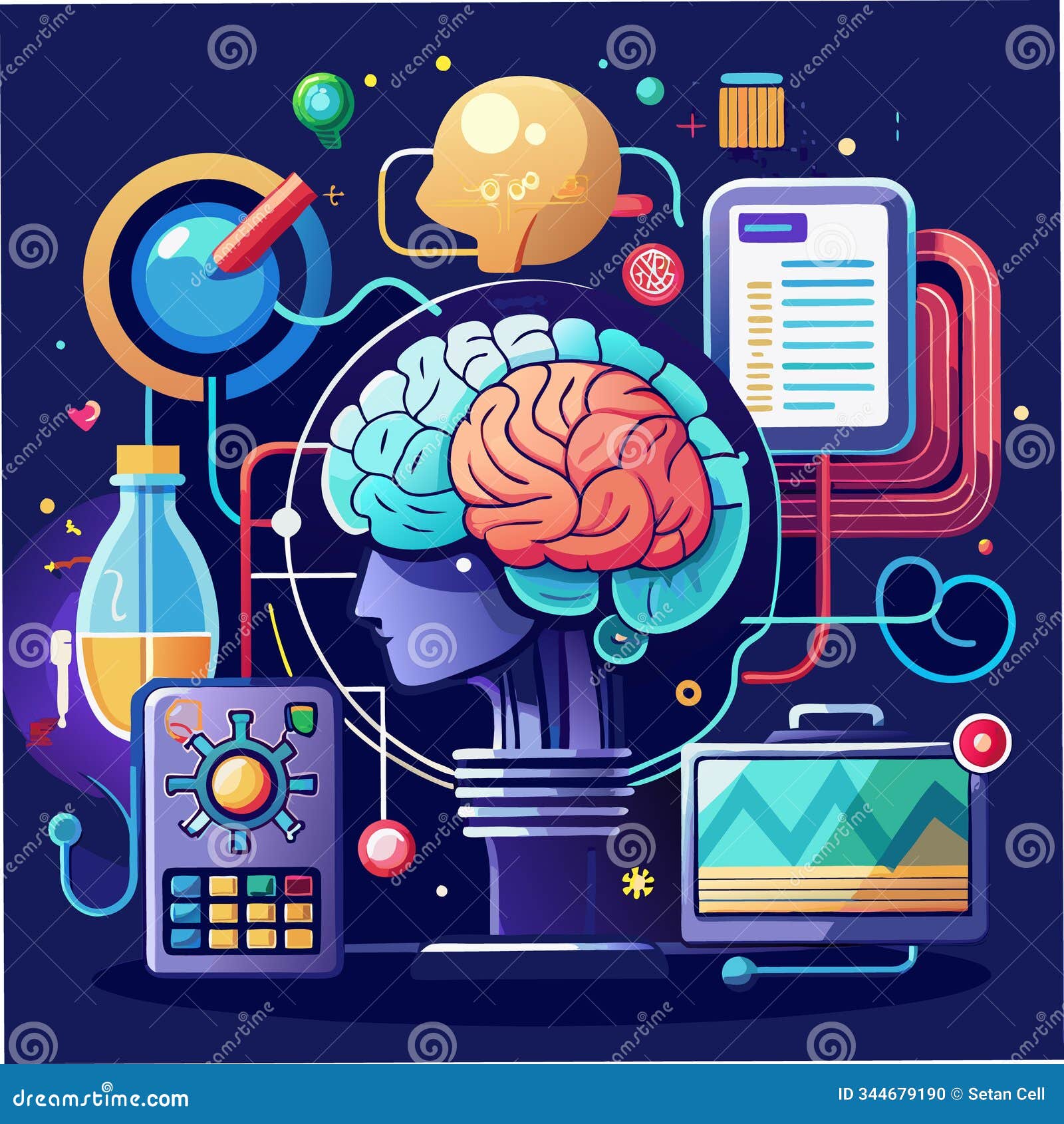Human Brain with a Variety of Connected Electronic Devices, Colorful ...