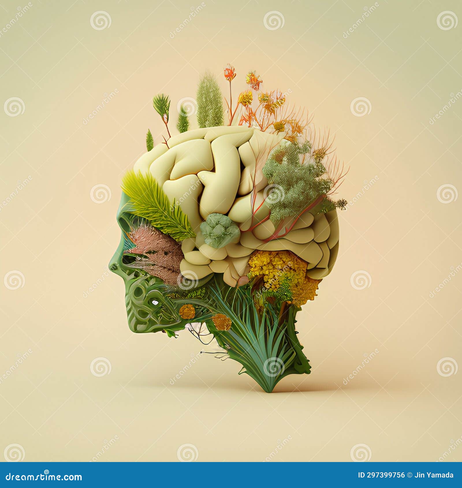 Human Brain with Various Plants and Flowers. 3d Render Illustration ...
