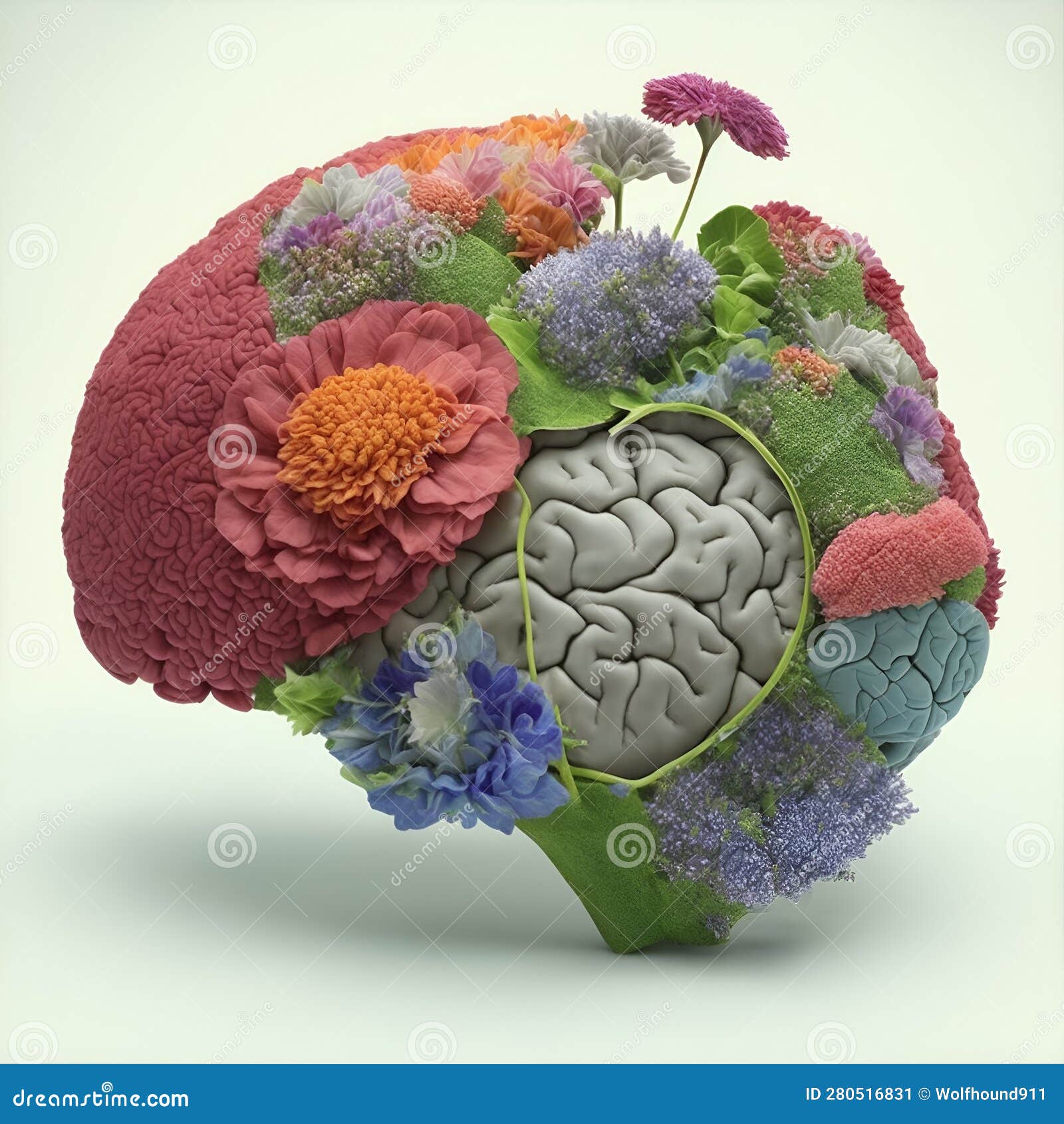 Human Brain from Which Flowers Grow. Generative AI. Stock Illustration ...