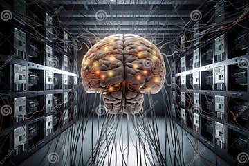 Human Brain with Wires and Cables Connected To Supercomputer ...