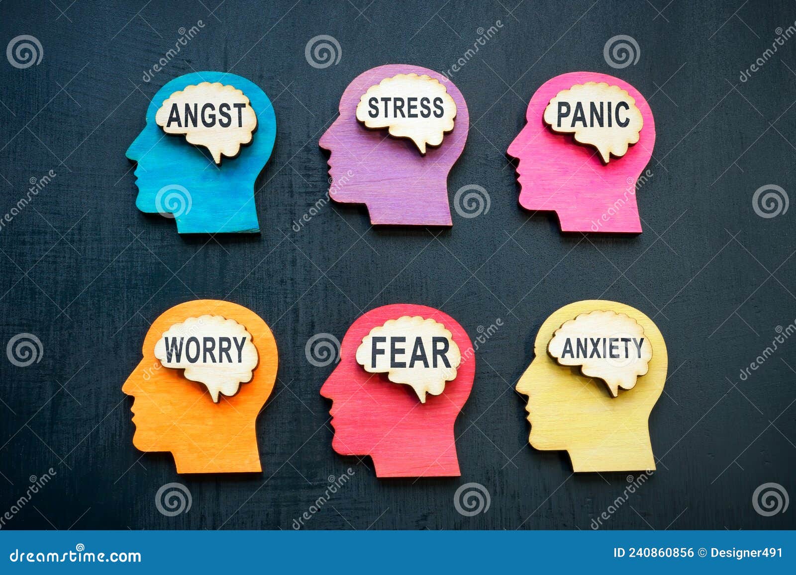 Human Brains with Words Anxiety Worry and Panic. Stress at Work. Stock ...