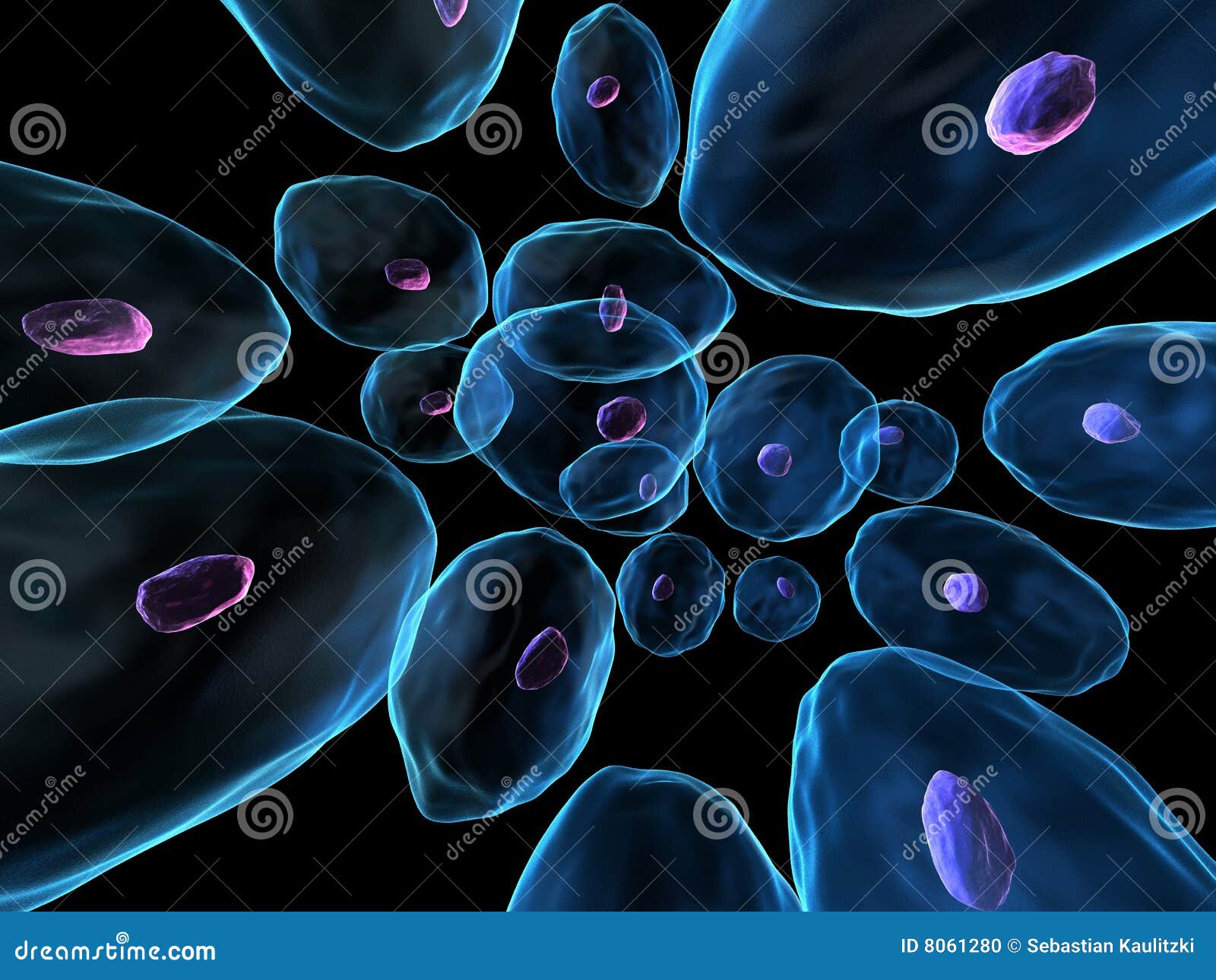 Human Cells On Light Blue Background. Nucleus And Cytoplasm. Royalty ...