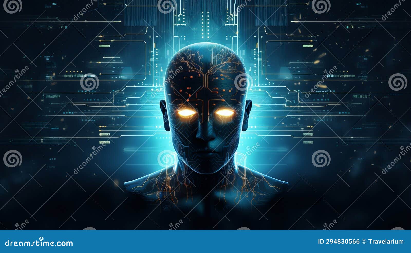 Human Cyborg with Circuit Pattern on Head Against Cyberspace Backdrop ...