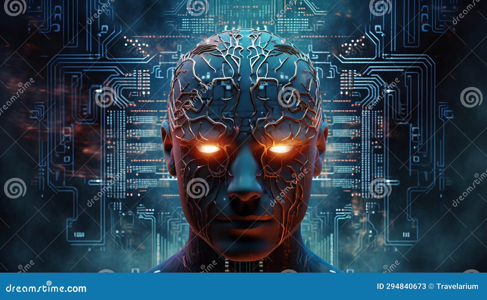 Human Cyborg with Circuit Pattern on Head Against Cyberspace Backdrop ...