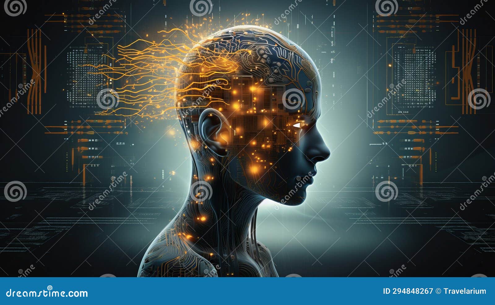 Human Cyborg with Circuit Pattern on Head Against Cyberspace Backdrop ...
