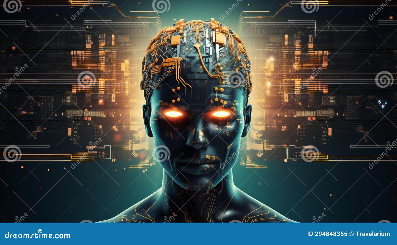 Human Cyborg with Circuit Pattern on Head Against Cyberspace Backdrop ...