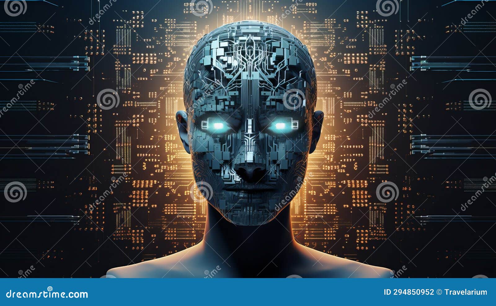 Human Cyborg with Circuit Pattern on Head Against Cyberspace Backdrop ...