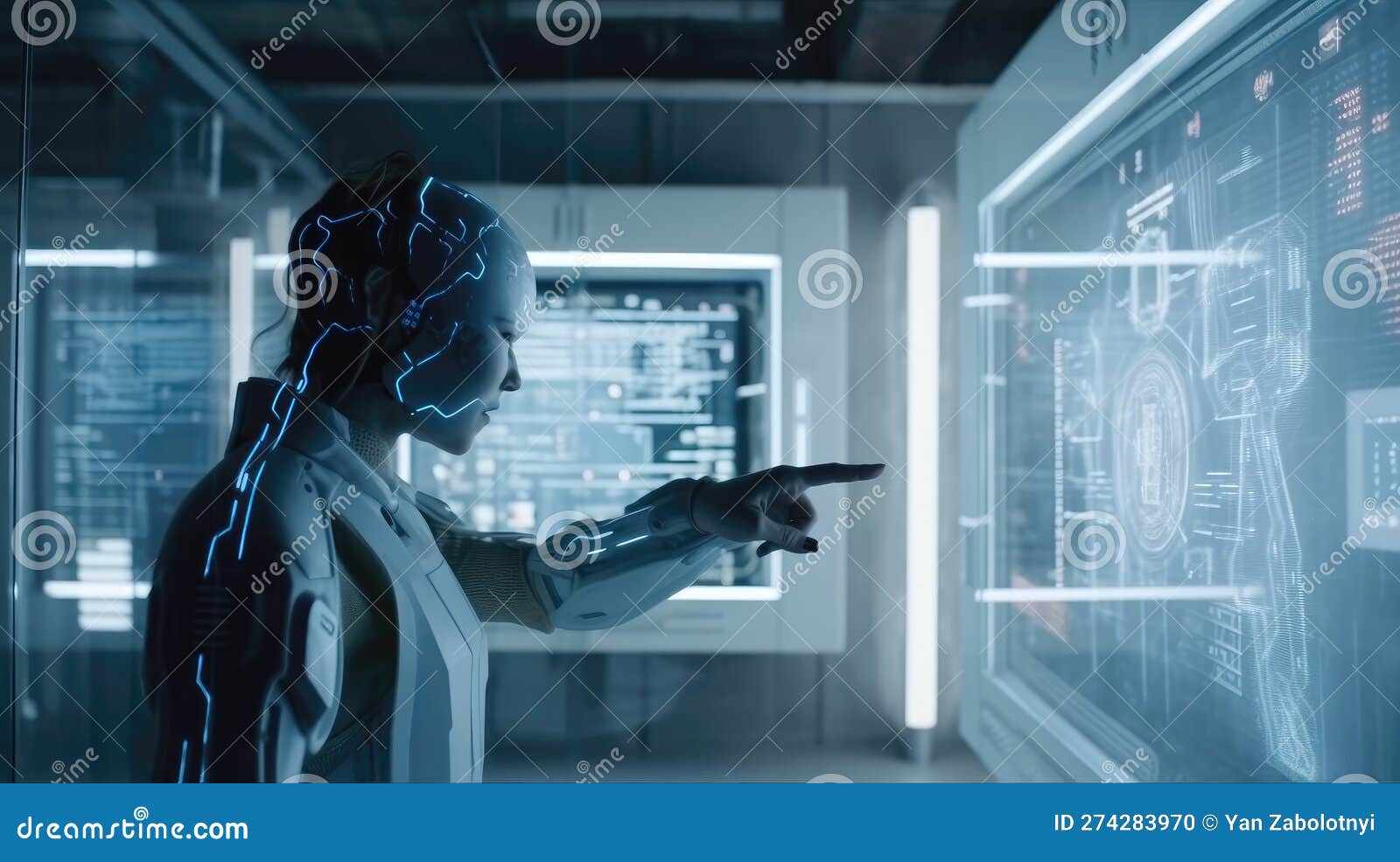 The Human Cyborg, Points at the Transparent Screen in the Office of the ...