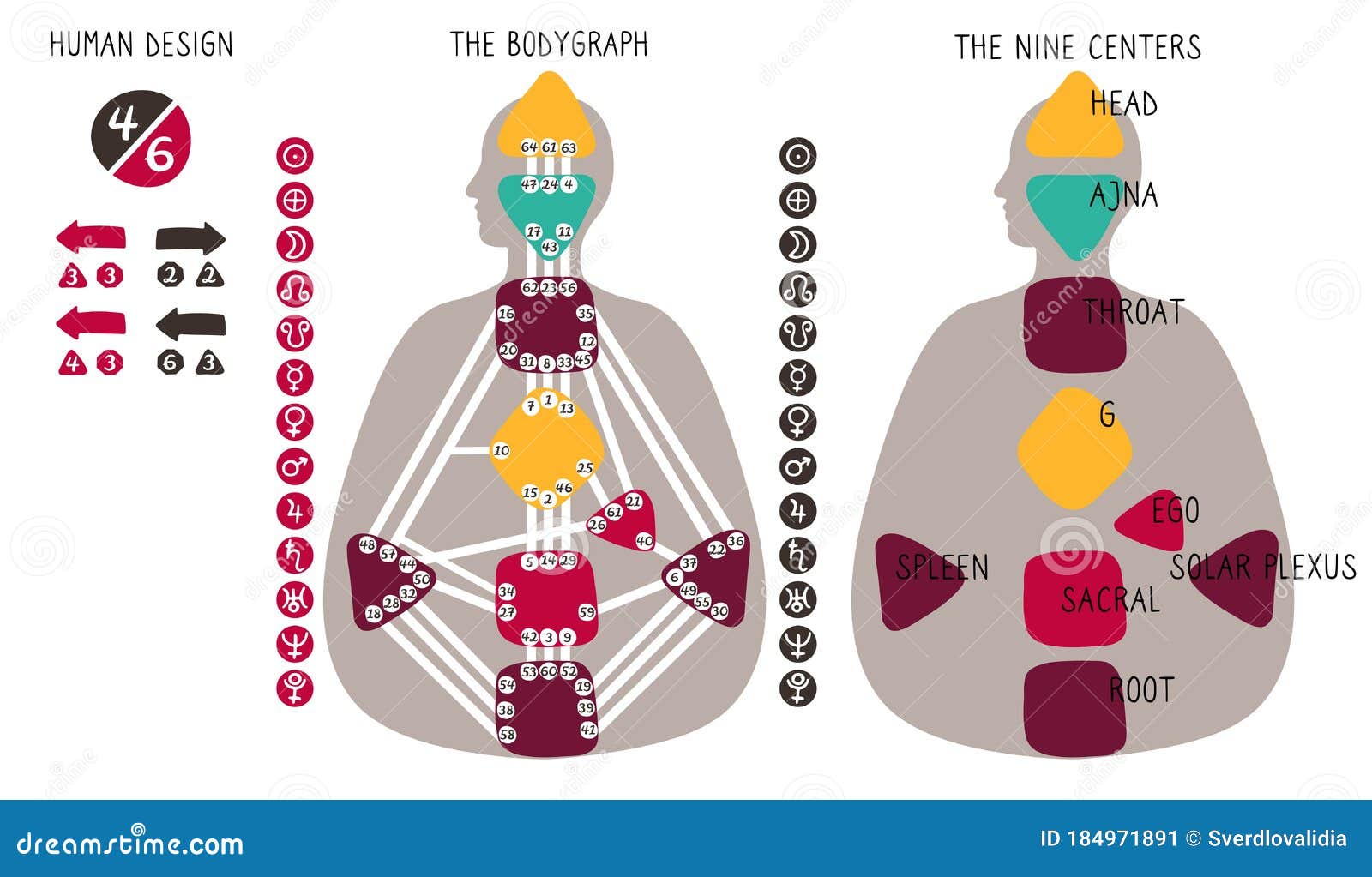 Human Design BodyGraph Chart. Nine Colored Energy Centers, Planets ...