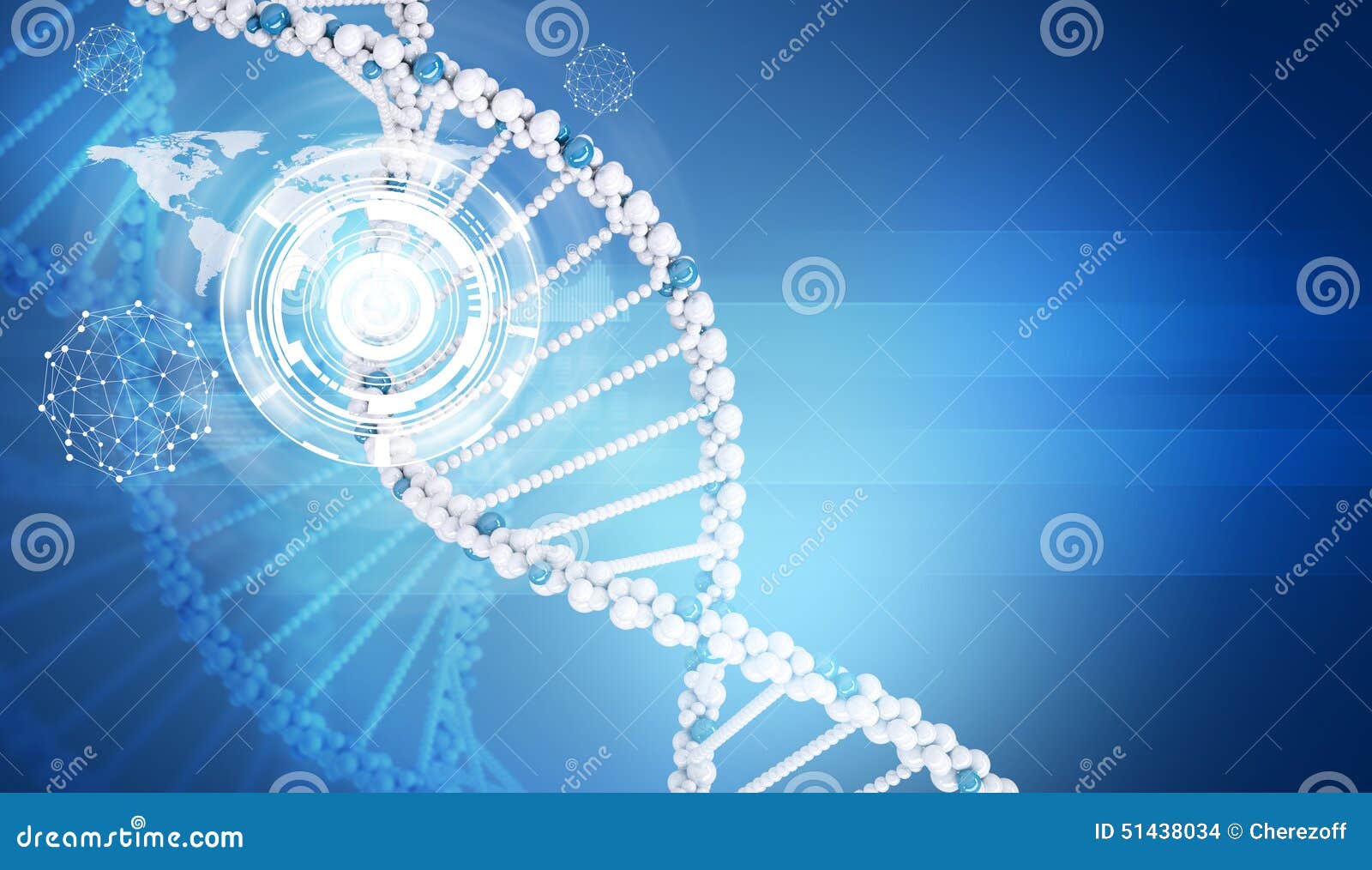 Human DNA on Blue Ground. World Map in Background Stock Illustration ...