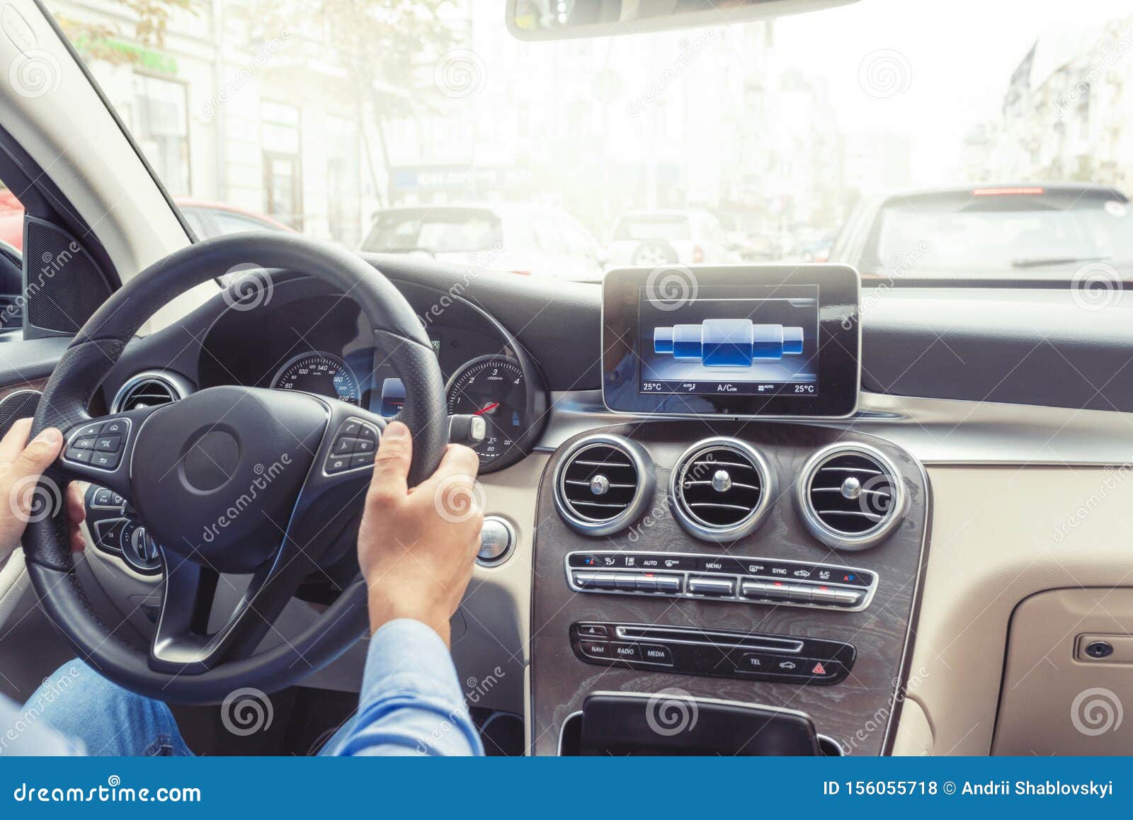 Human Driving a Car, View from Inside. a Man is in the Salon of Car ...