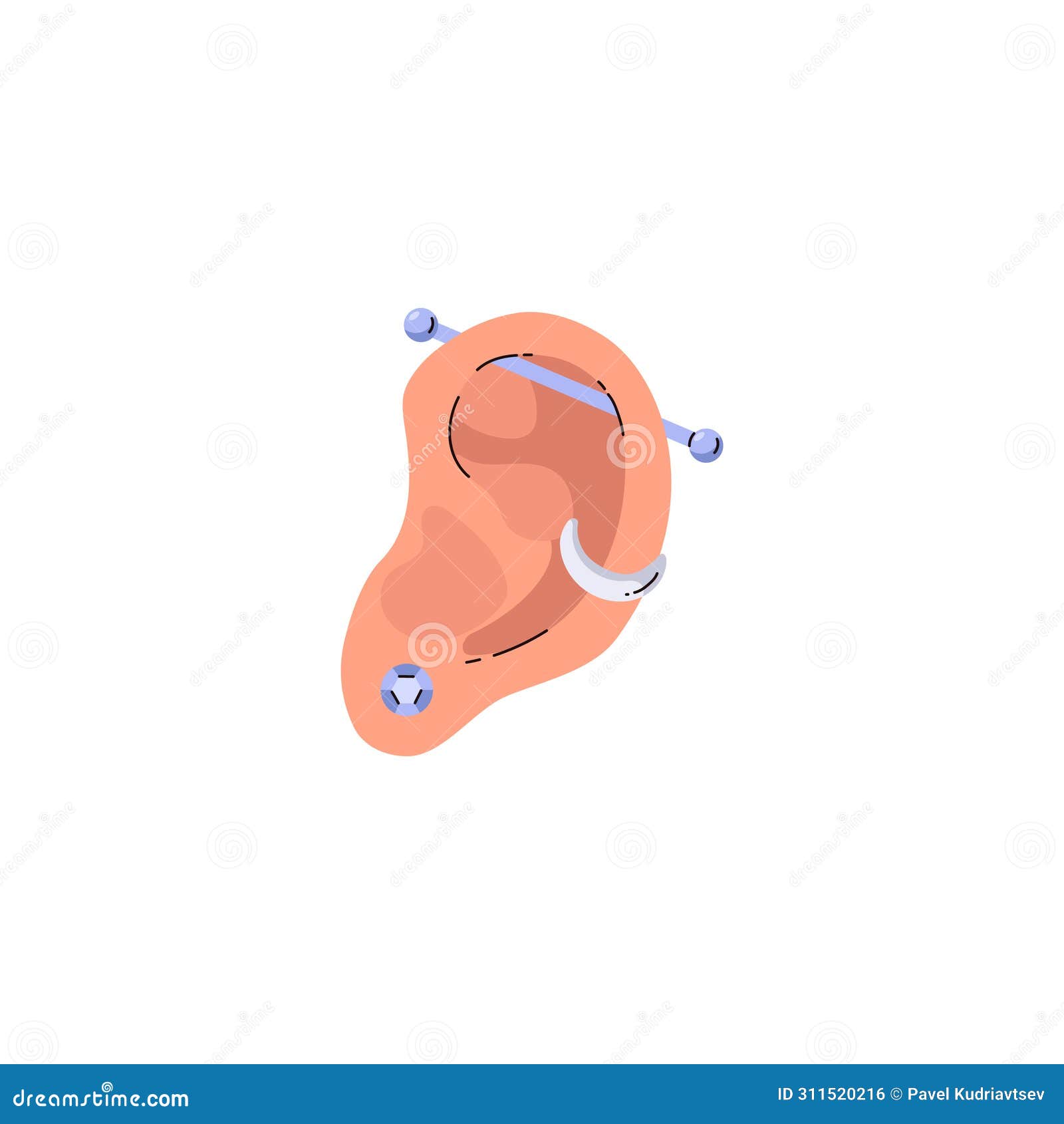 Human Ear with Piercing Icon, Vector Ear with Different Types Trendy ...