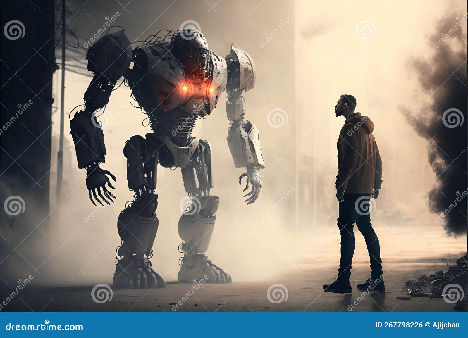A Human Encounters a Giant Robot. Generative AI Stock Illustration ...