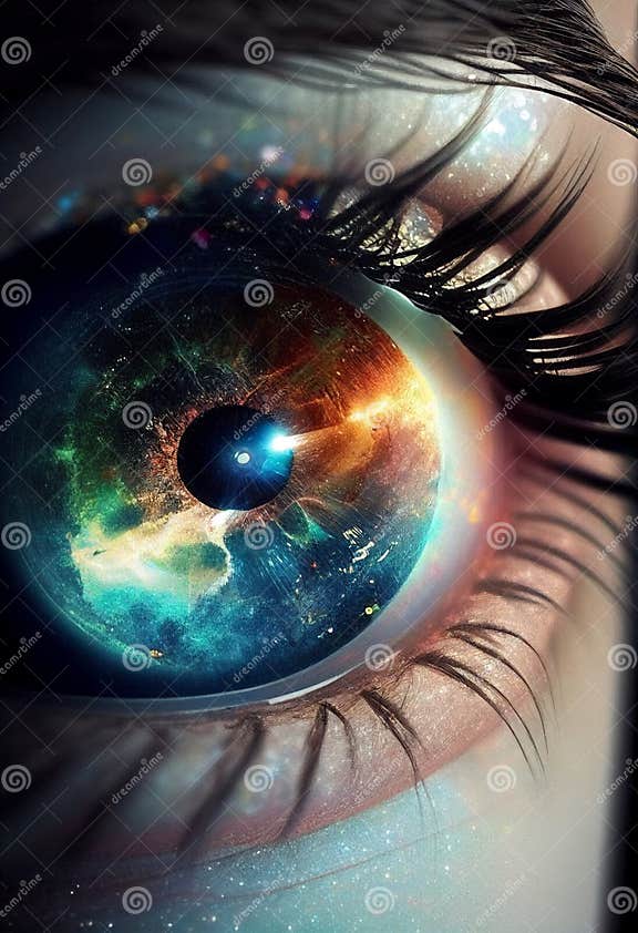 Human Eye Close Up with Reflection of the Starry Sky and Infinity. AI ...