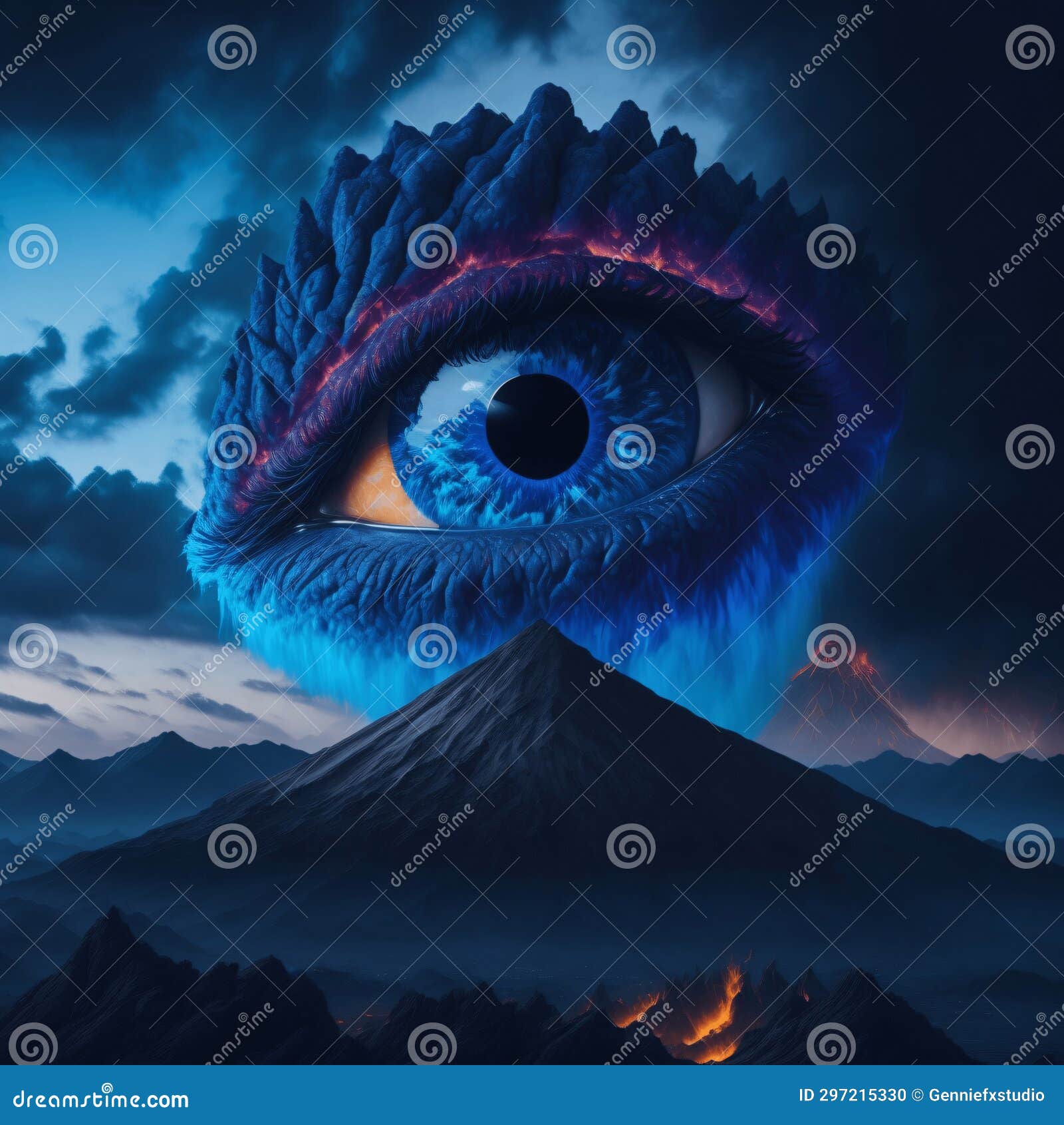 Human Eye, Defined Blue Volcano Erupting into the Sky in the Background ...