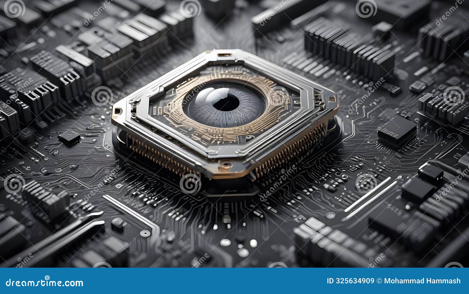 Human Eye Integrated into a Metallic Square Chip on a Circuit Board ...