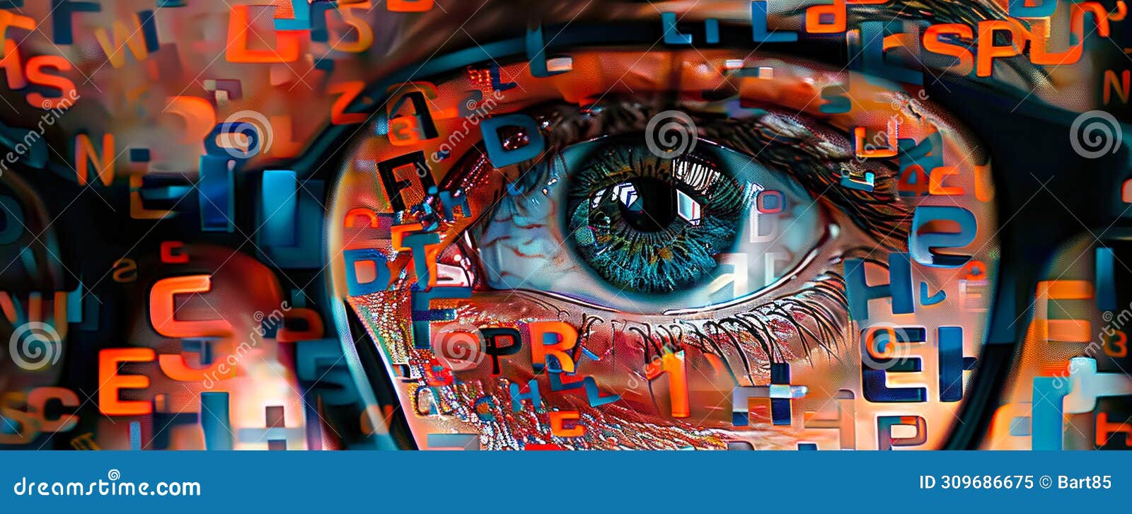 Human Eye Peering Through Glasses, Surrounded By An Array Of Floating ...