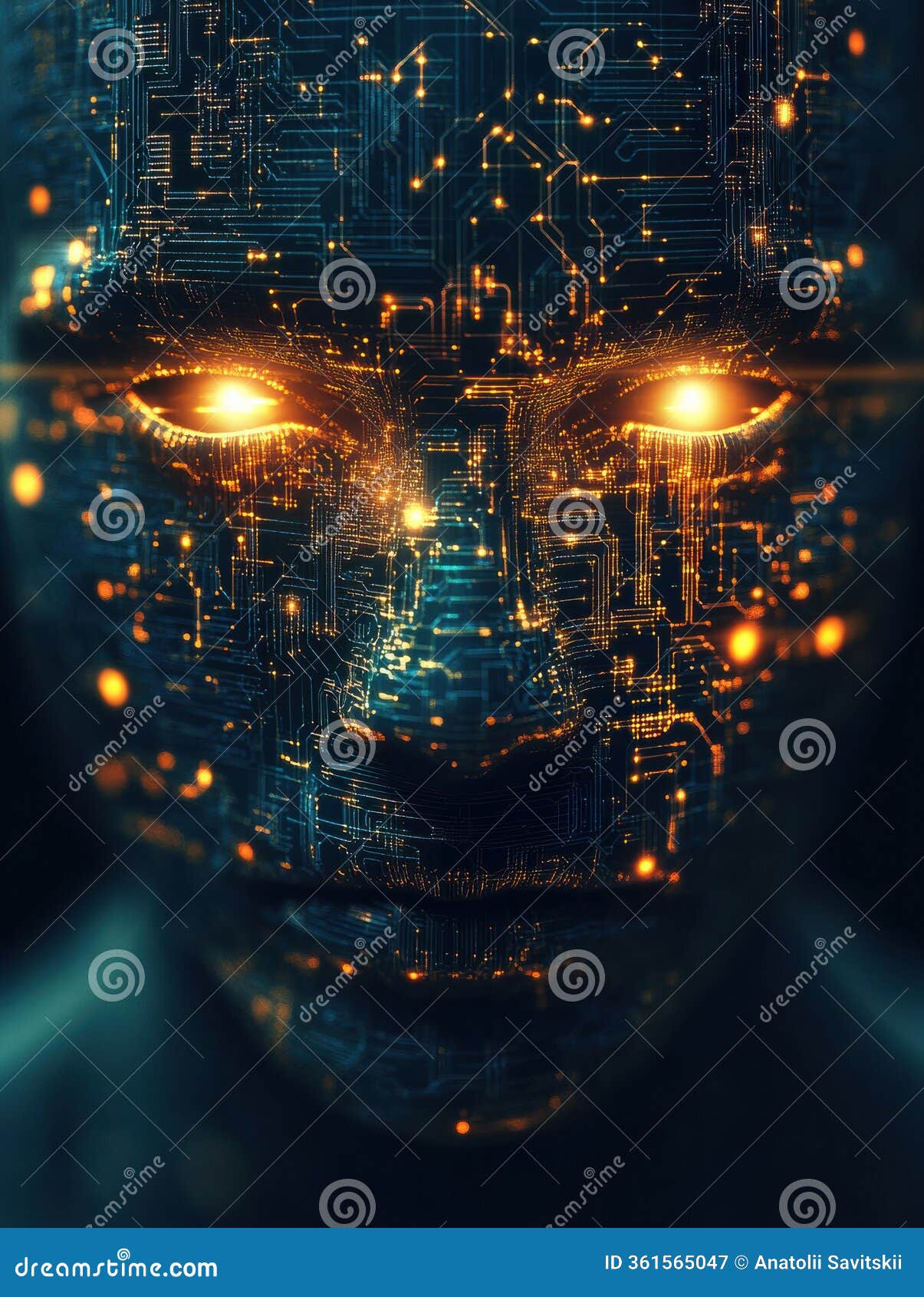 Human Face Merges with Glowing Digital Circuits in a Surreal Display of ...