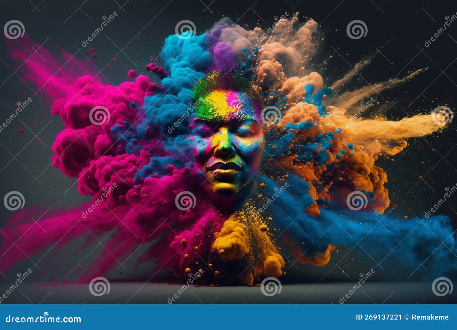 Human Face and Explosion of Colored Powder Isolated on Black Background ...