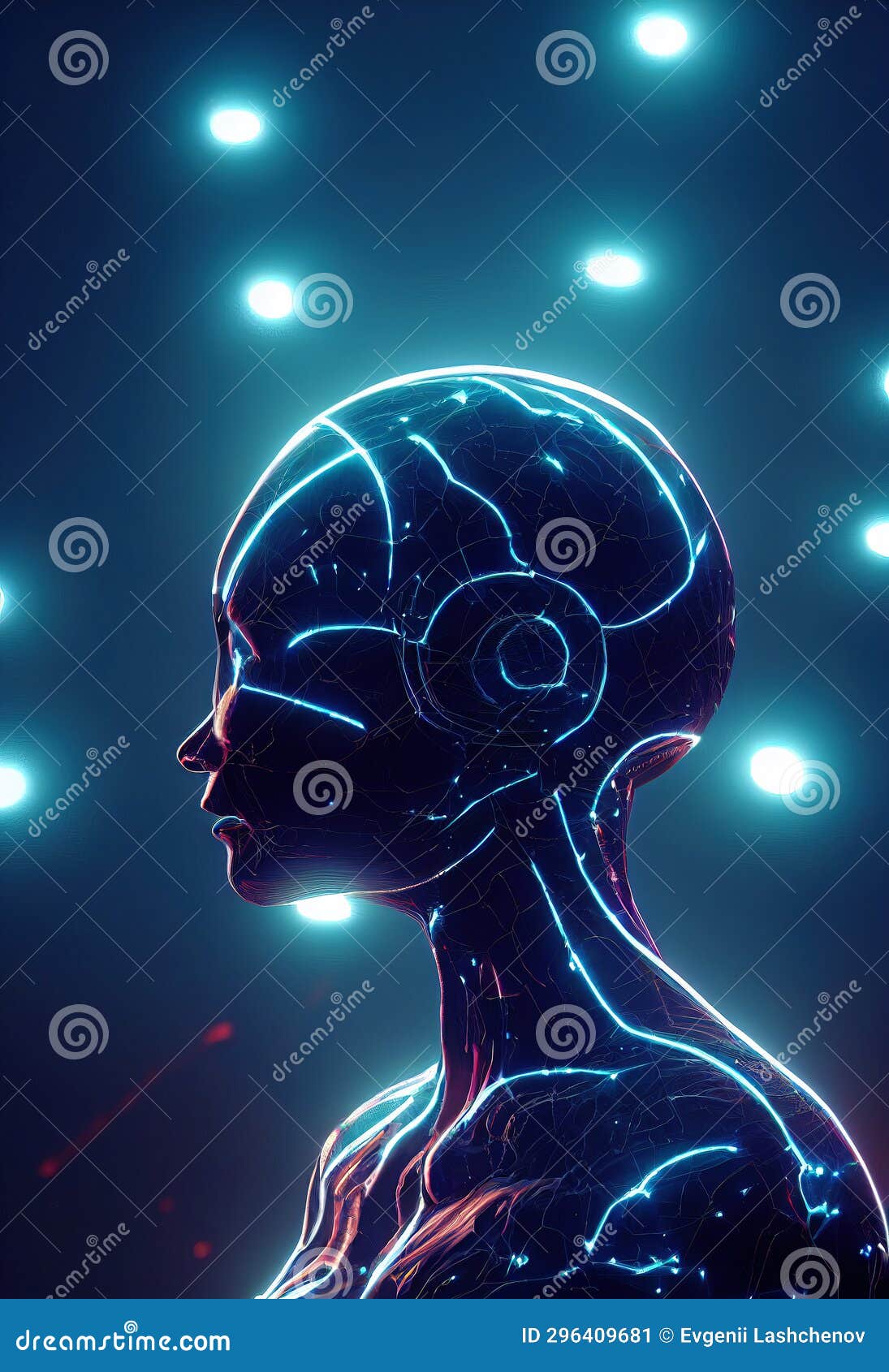 Human Face in a Luminous Grid. Neural Robot. Portrait of a Glowing ...