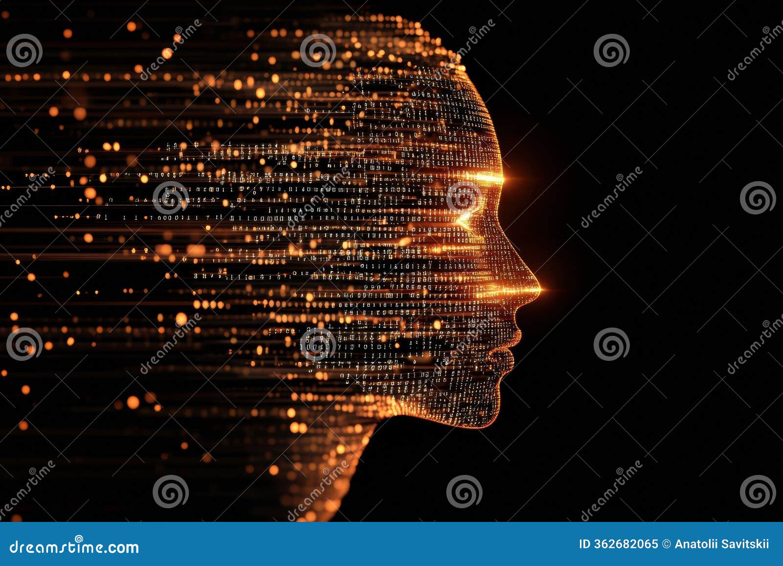 Human Face Outline Dissolving into a Stream of Binary Code Representing Futuristic Artificial ...