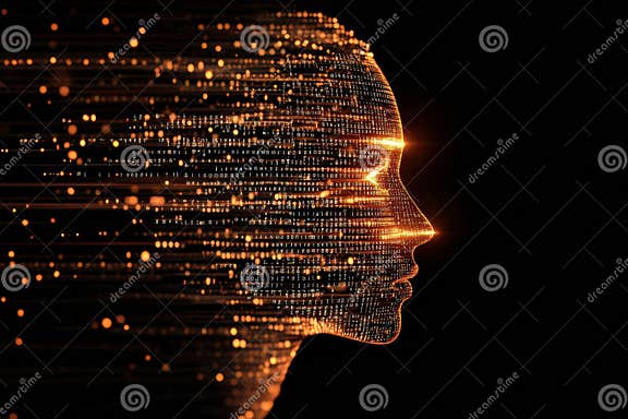 Human Face Outline Dissolving into a Stream of Binary Code Representing Futuristic Artificial ...