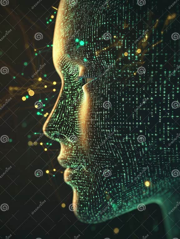 Human Face Outline Transforming into Binary Code with Flowing Data in a Futuristic AI Setting ...