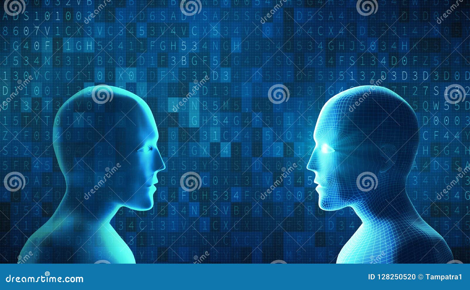 Human Fights Robot with Digital Computer Data Code on Blue Background ...