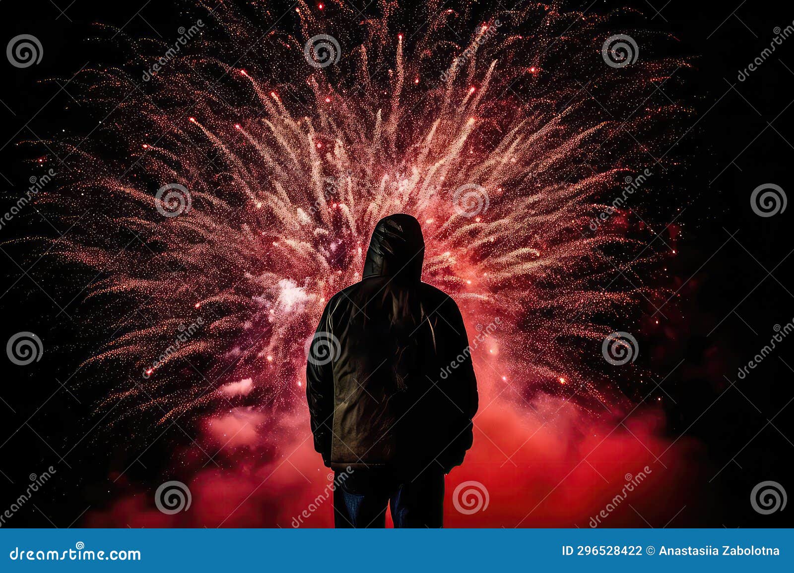 A Human Figure Against a Background of Red Fireworks. Generative AI ...