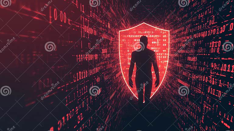A Human Figure with Binary Code and a Shield, Symbolizing Digital ...