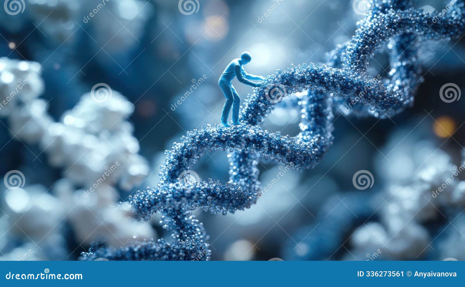 Human Figure Climbing DNA Strand in Molecular Structure Background ...