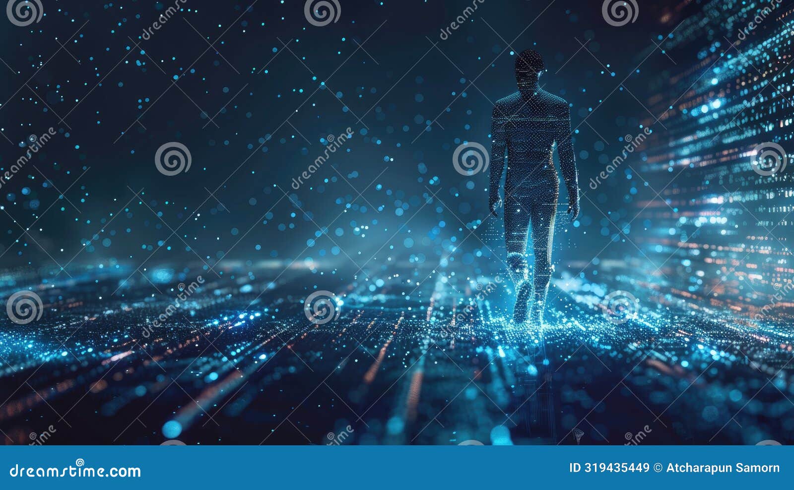 A Human Figure Emerging from a Matrix of Digital Codes and Lines ...