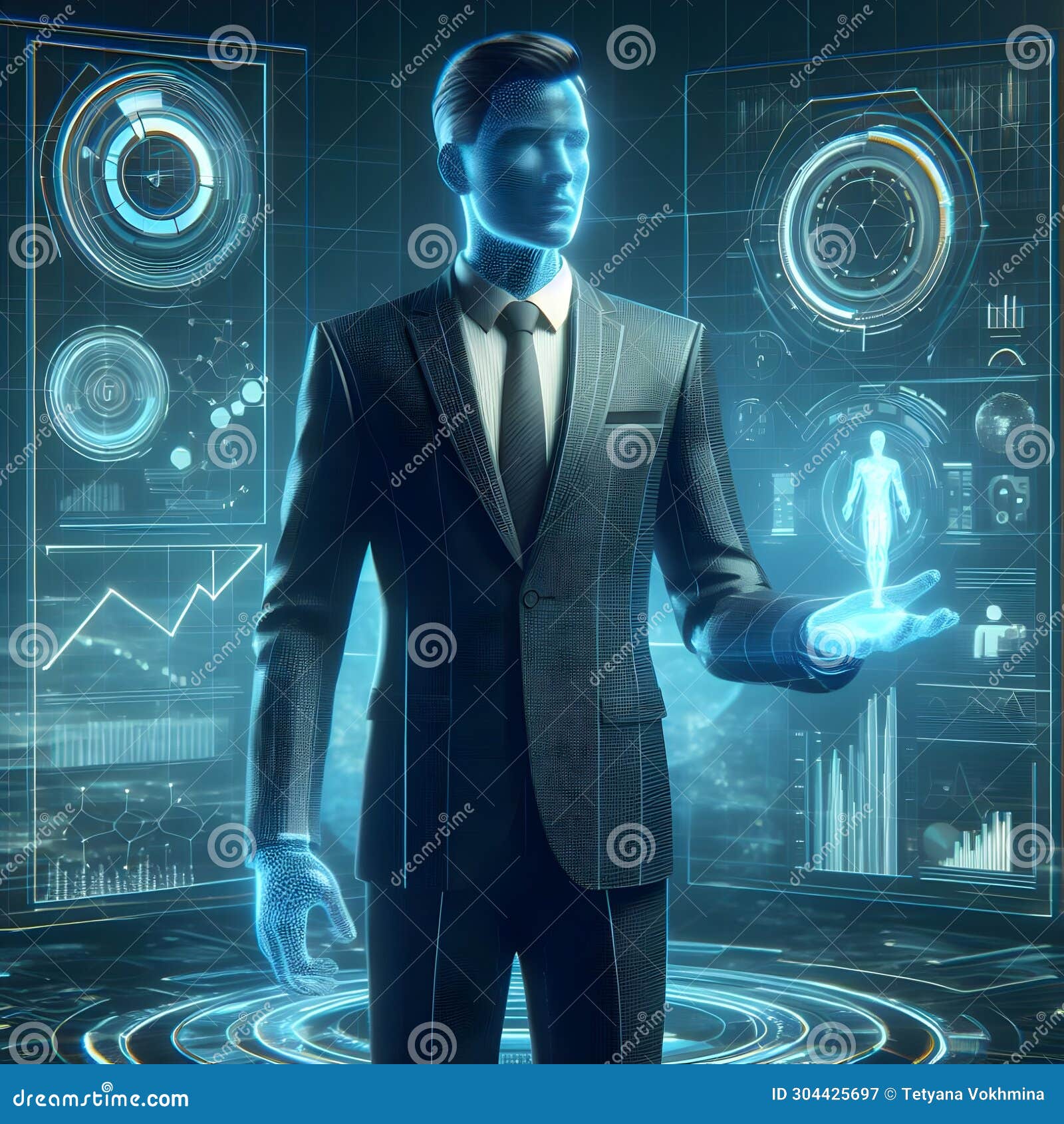 Human Figure in a Hologram. Data Analytics in a High-Tech Room Stock ...