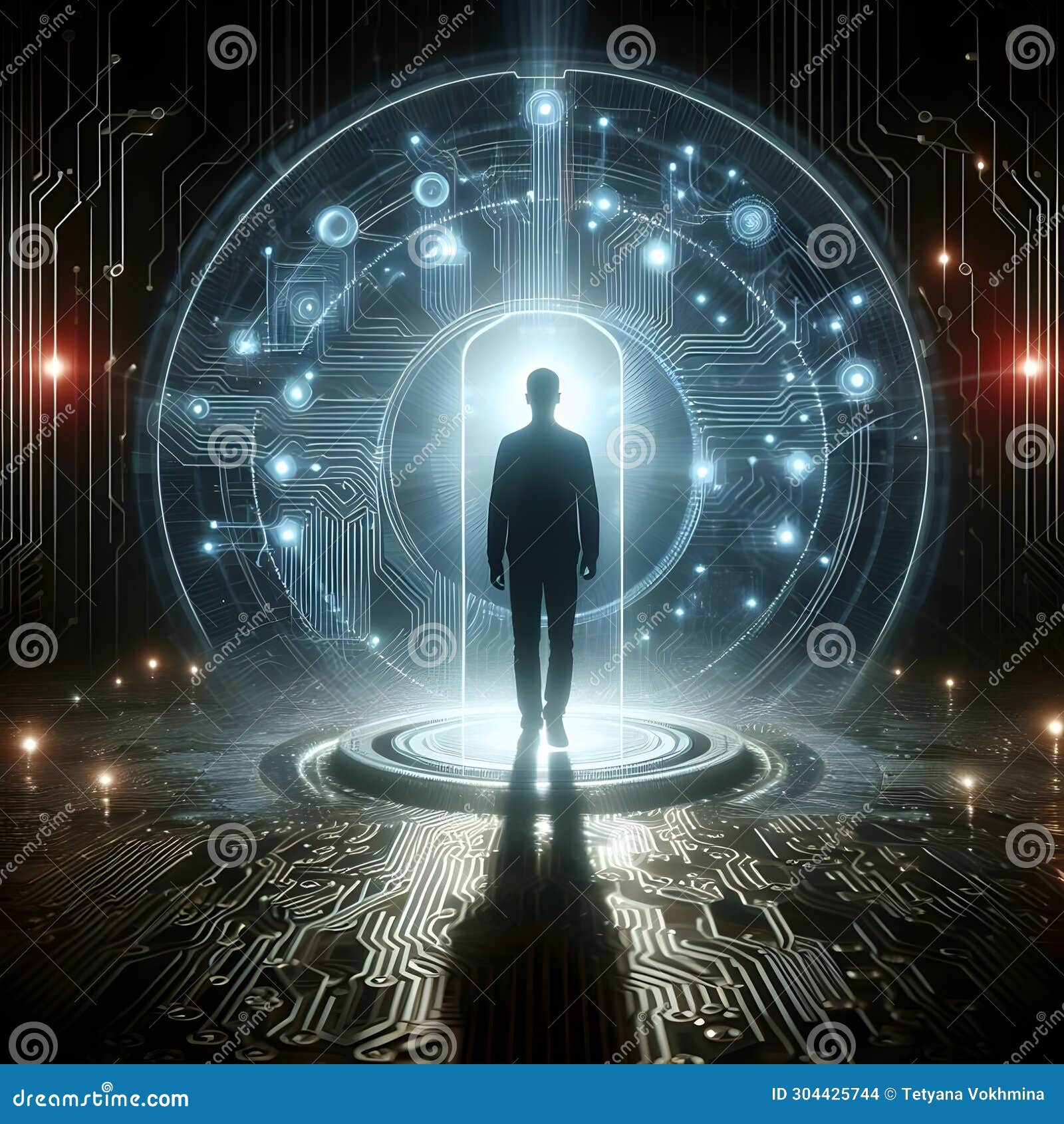 Human Figure in a Hologram. Data Analytics in a High-Tech Room Stock ...