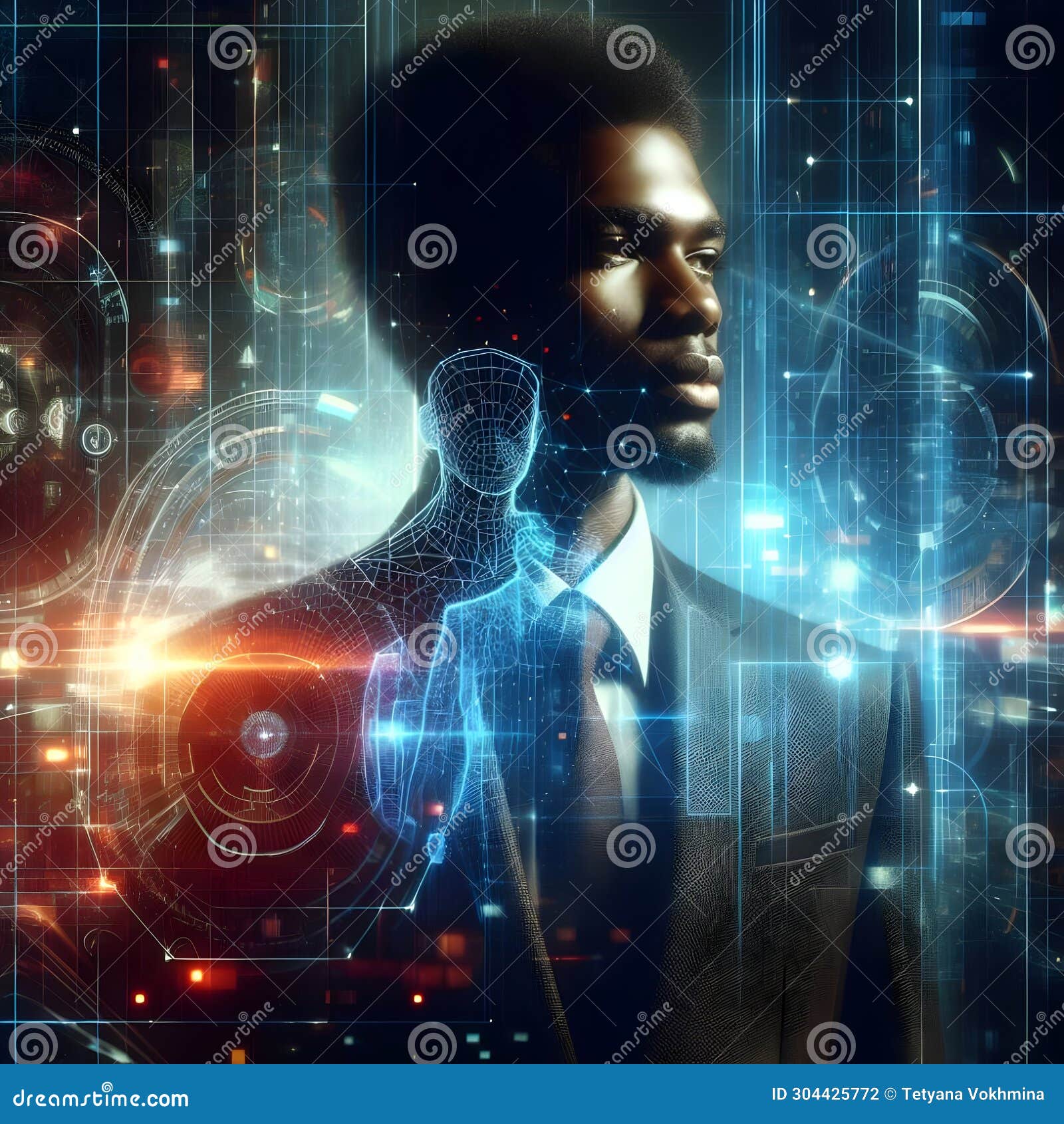 Human Figure in a Hologram. Data Analytics in a High-Tech Room Stock ...