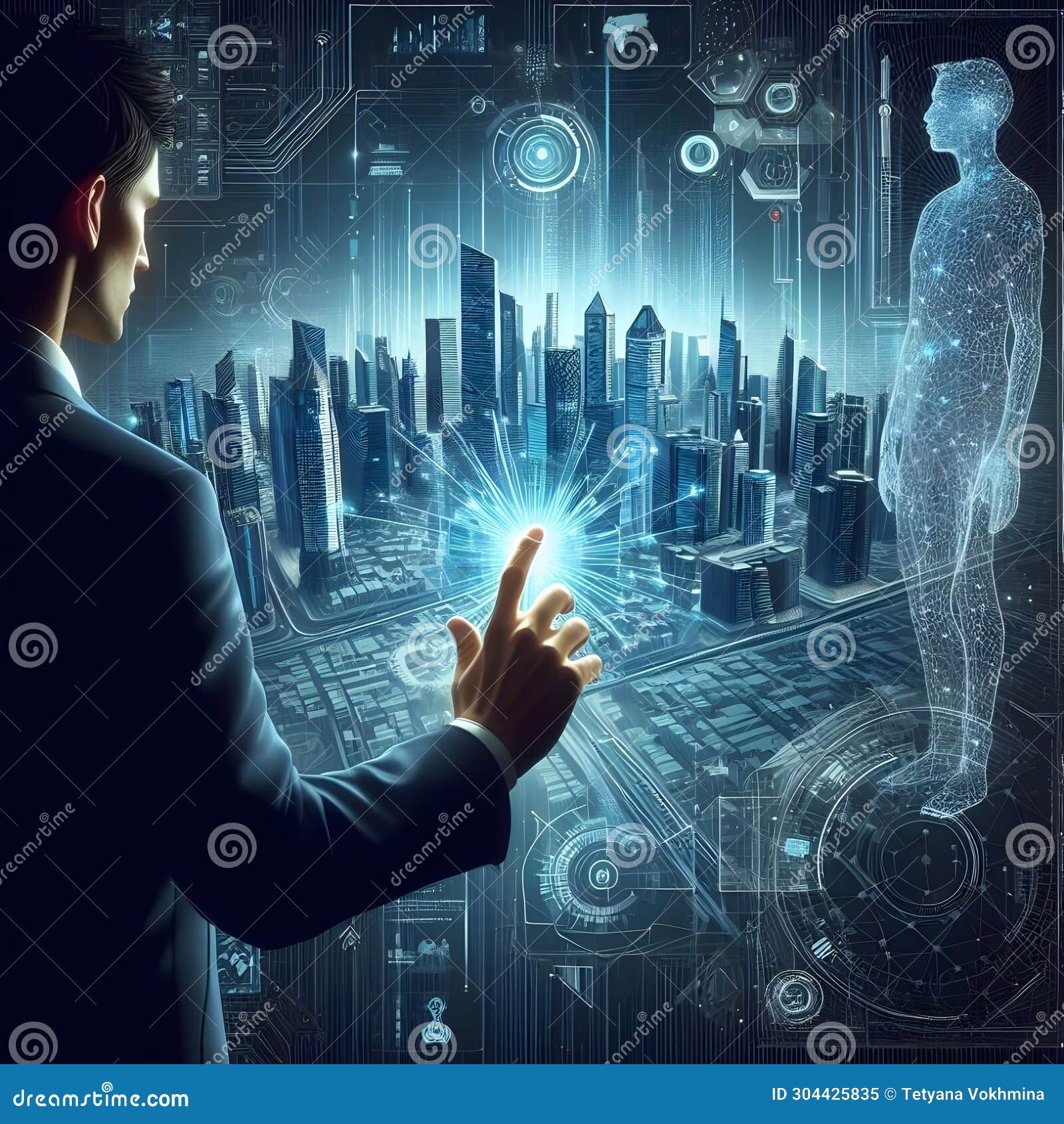 Human Figure in a Hologram. Data Analytics in a High-Tech Room Stock ...